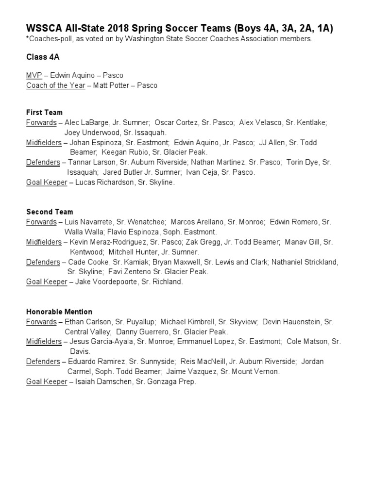 WSSCA All State 2018 Spring Soccer Publication | PDF | Positions (Team ...