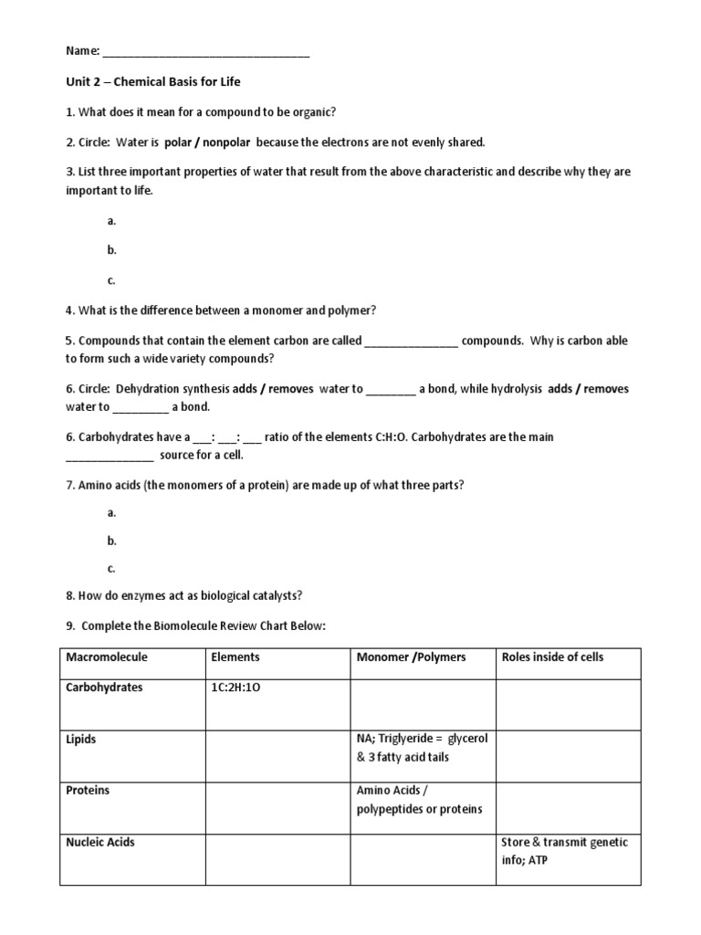 Unit 2 Chemical Basis of Life Review | PDF | Enzyme | Macromolecules