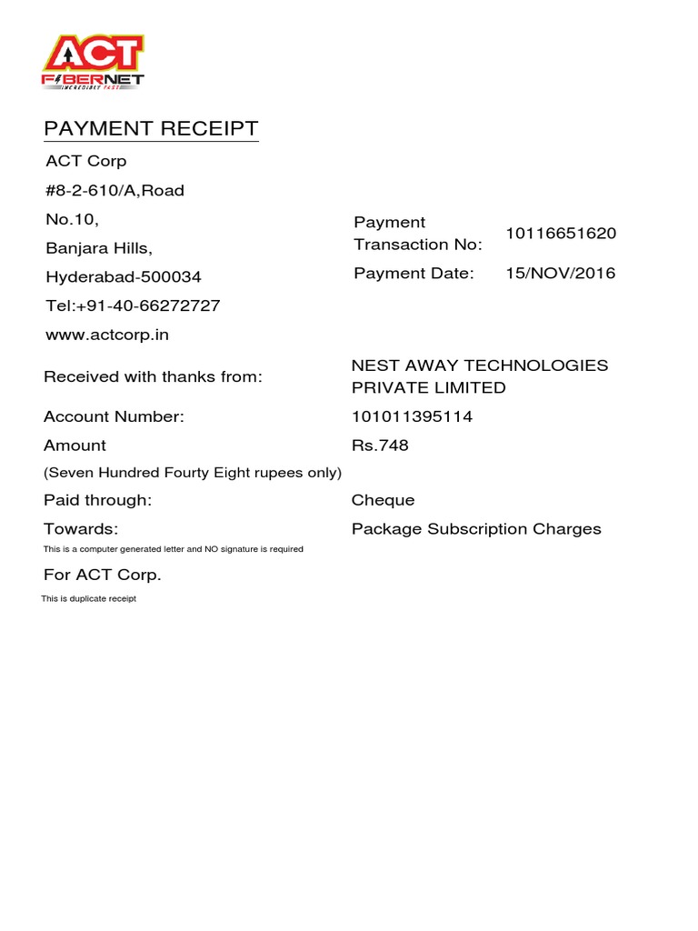 Payment Receipt: (Seven Hundred Fourty Eight Rupees Only) | PDF