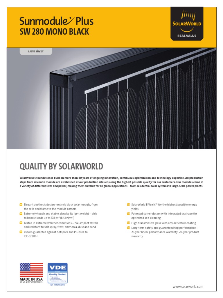 Sunmodule Plus SW 280 Mono Black Solar Datasheet | PDF | Solar Panel ...