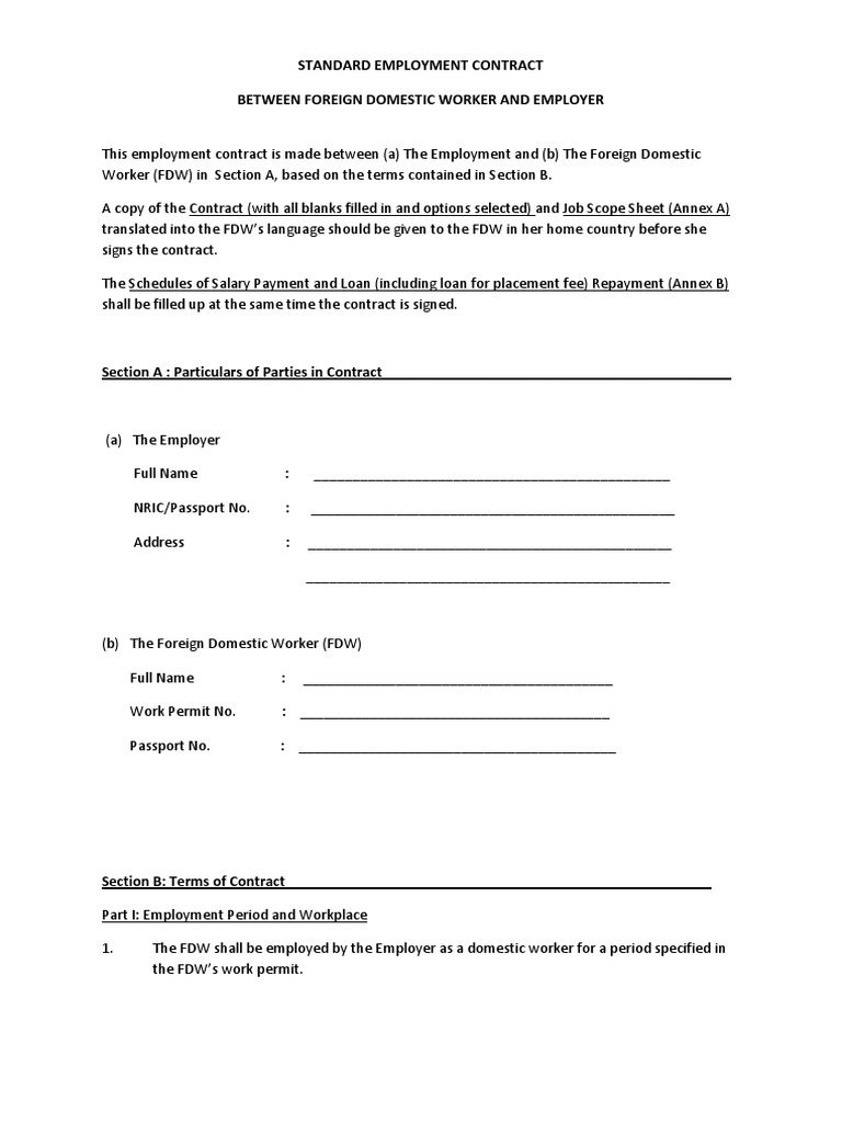 Standard Employment Contract for FDWs | PDF | Employment | Salary