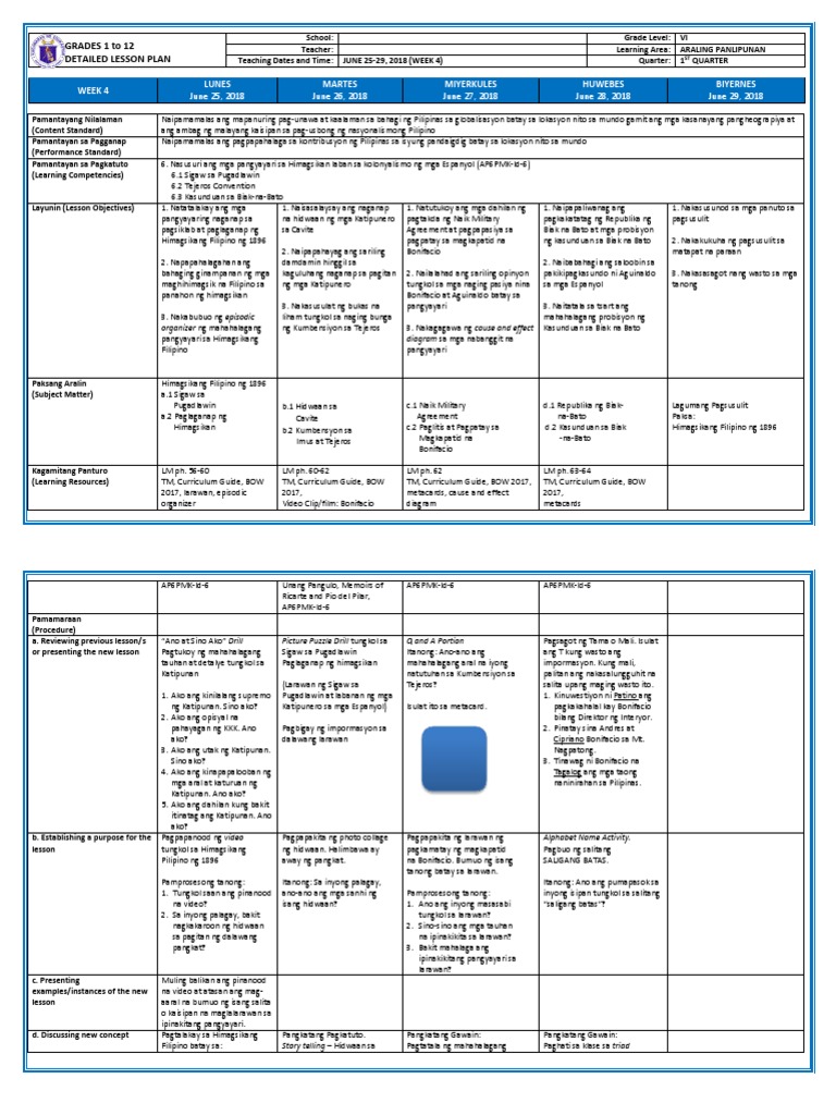 Dll Grade 6 q1 Week 4 June 25-29, 2018 All Subjects