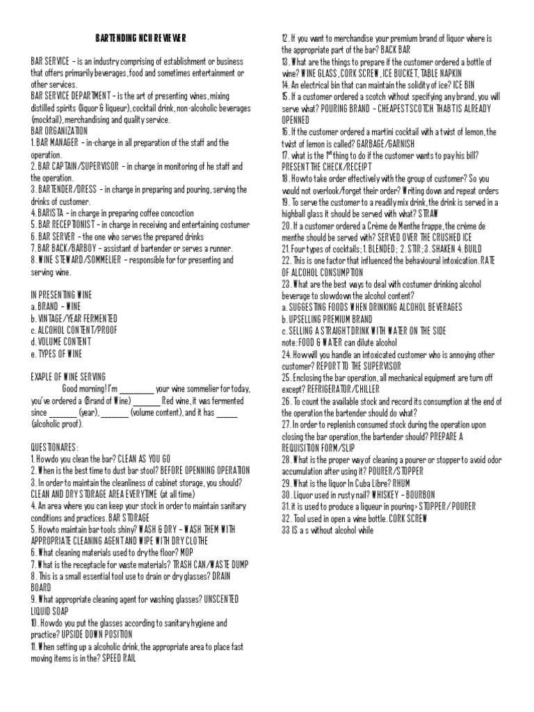 Bartending Reviewer | PDF | Drink | Bar