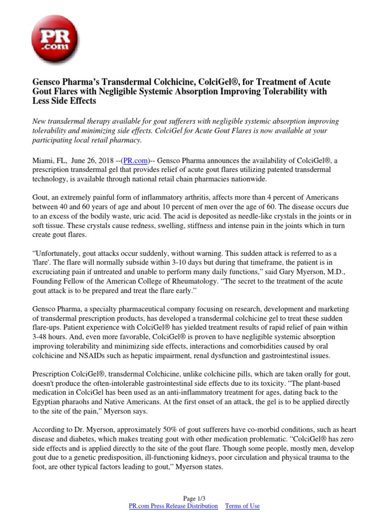 Gensco Pharma's Transdermal Colchicine, ColciGel®, For Treatment of ...