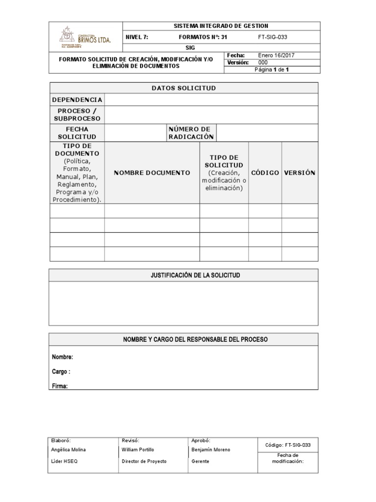 FT-SIG-033 Formato Solicitud de Creación, Modificación y Eliminación de ...