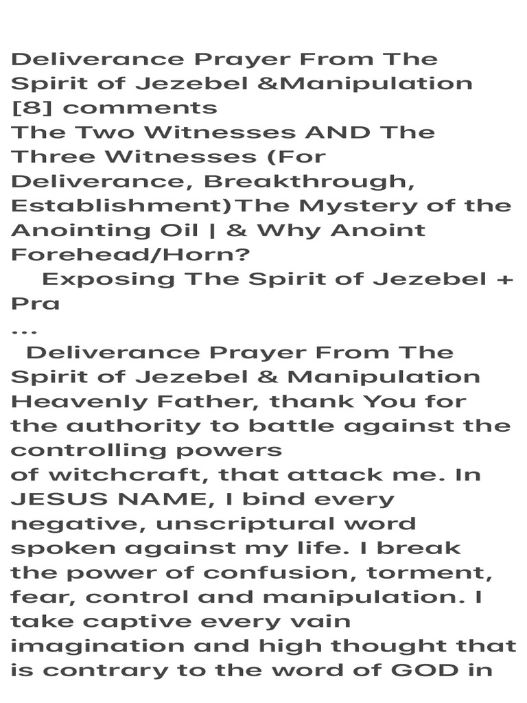 Deliverance Prayer From The Spirit of Jezebel &manipulation | PDF | Religious Belief And ...