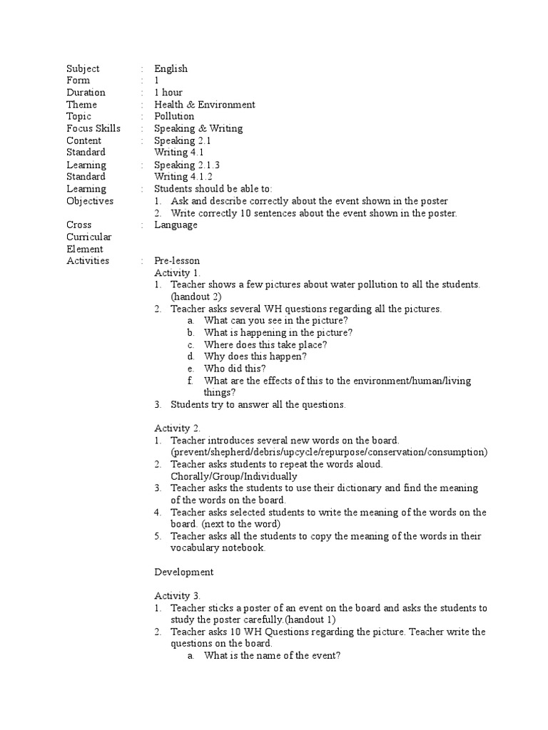Form 1 Environment Speaking | PDF | Question | Teachers