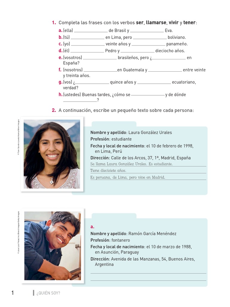 Exercicio Ser, Llamarse, Vivir y Tener | PDF