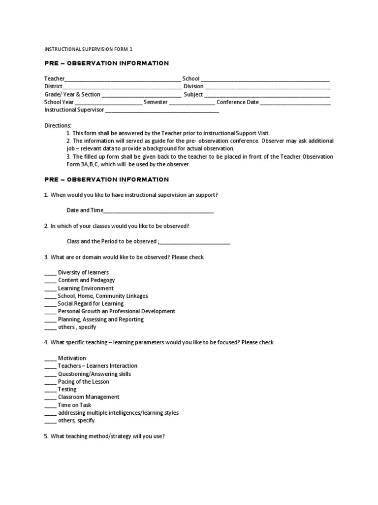 Instructional Supervision Form 1 Pre Observation | PDF | Teaching ...