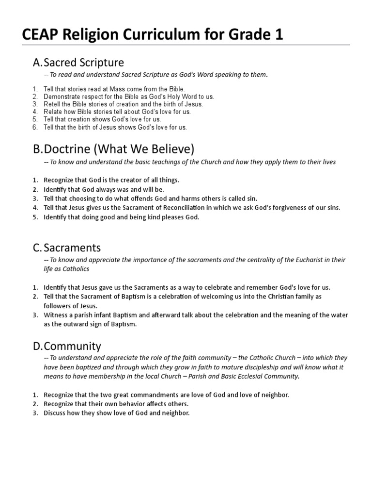Religion Curriculum Grade 1 - Philippines | PDF | Eucharist | Sacred