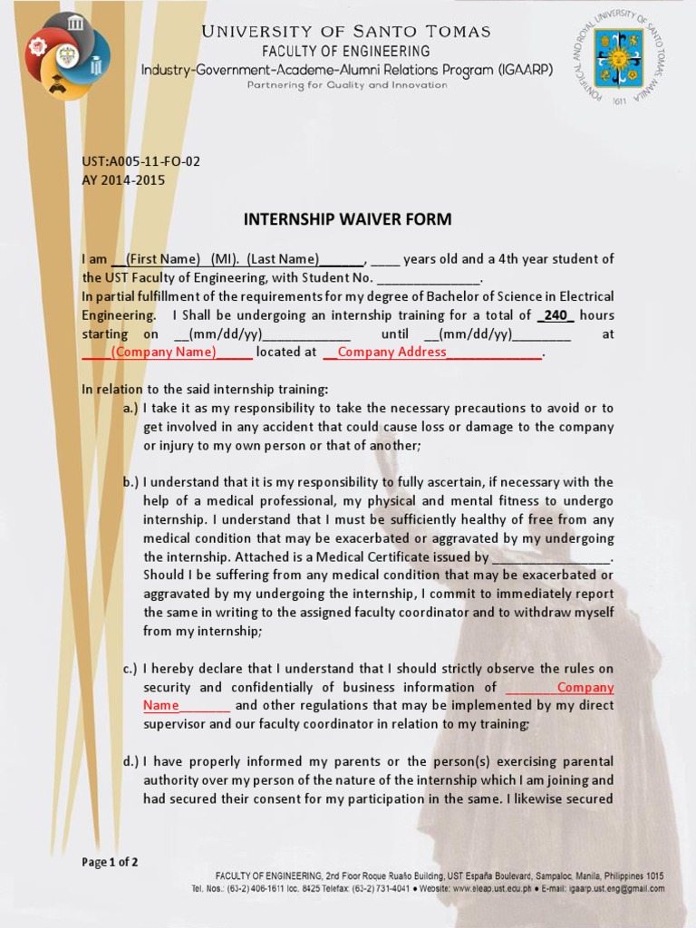 Internship Waiver Form: - (Company Name) - Company Address | PDF ...