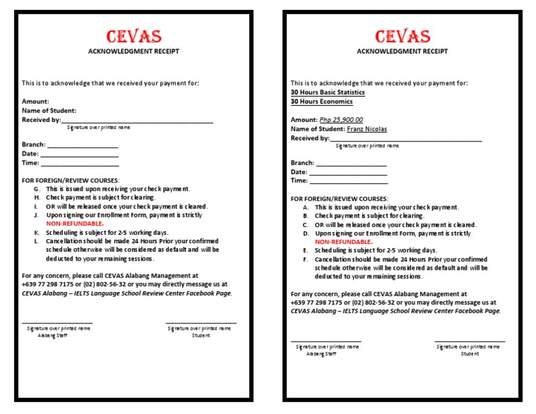 CEVAS Acknowledgment Receipt Template | PDF | Cheque | Receipt