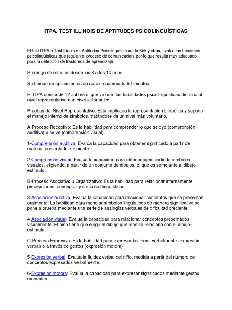 Test Illinois de Aptitudes Psicolingüísticas Itpa | PDF | Memoria ...