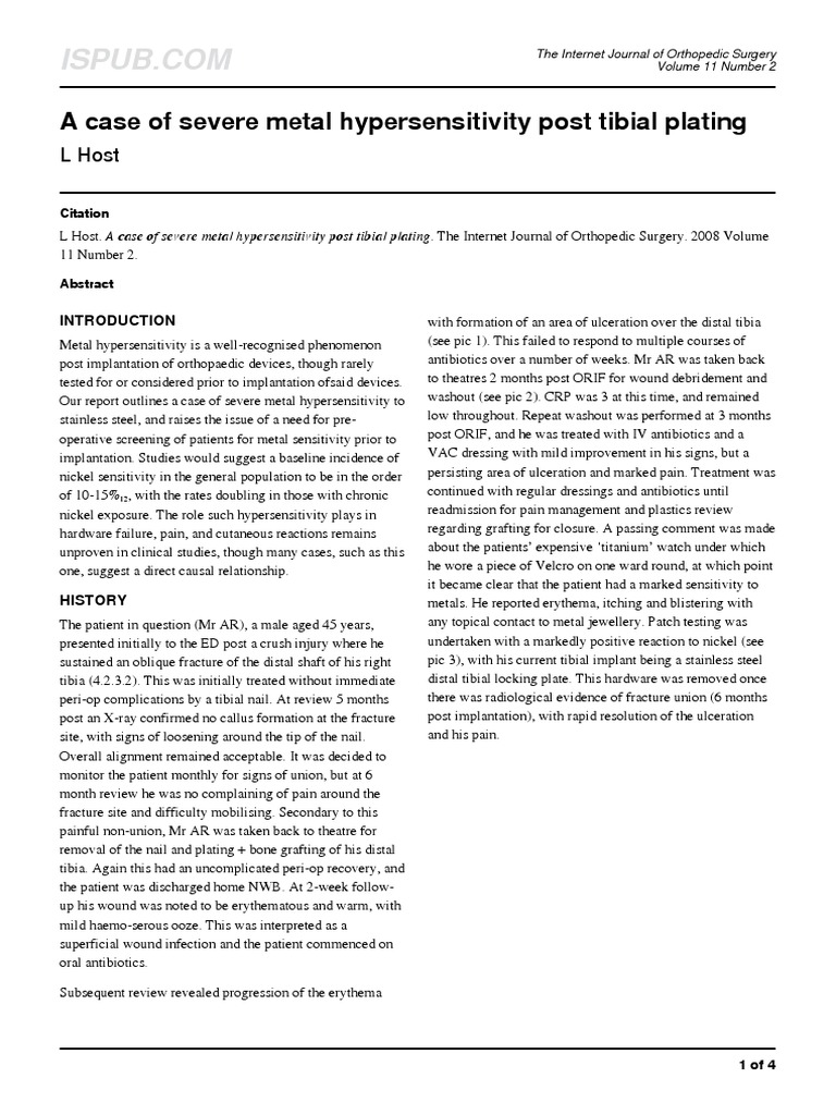 A Case of Severe Metal Hypersensitivity Post Tibial Plating: L Host ...
