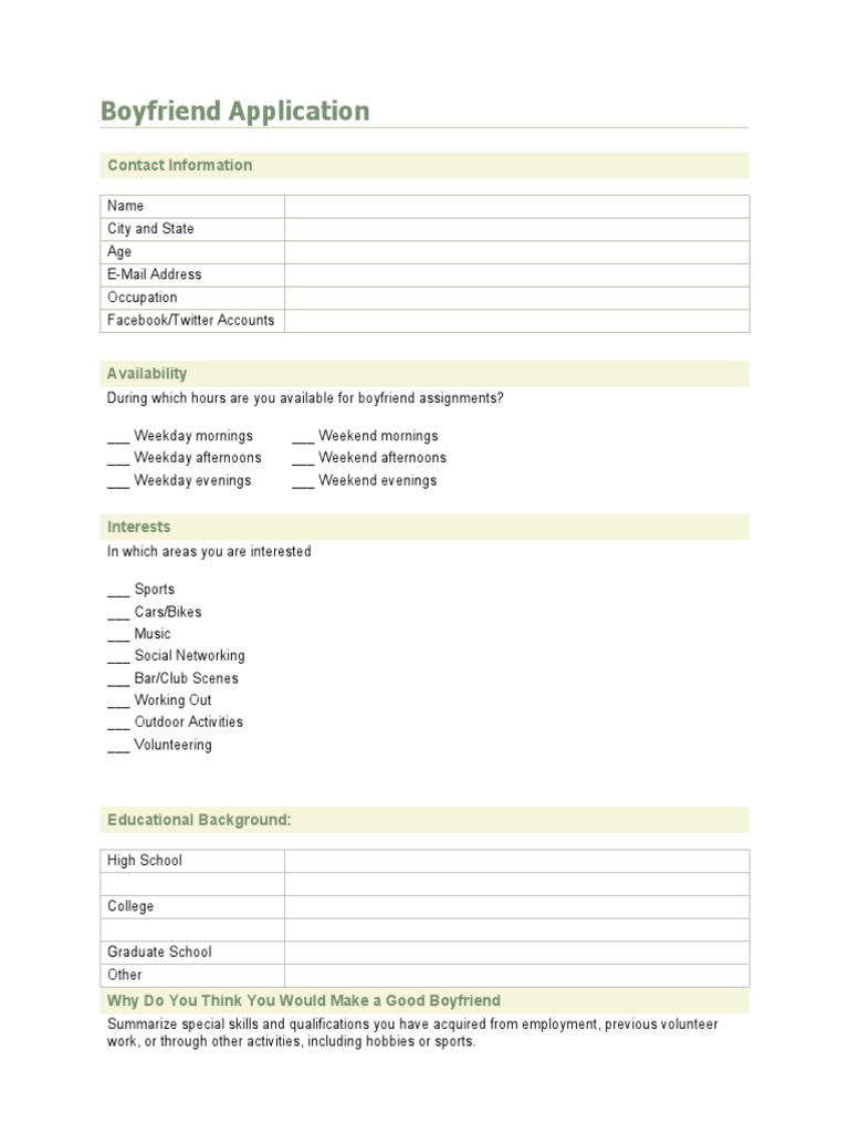 Boyfriend Application Form Template | PDF | Career & Growth | Social ...