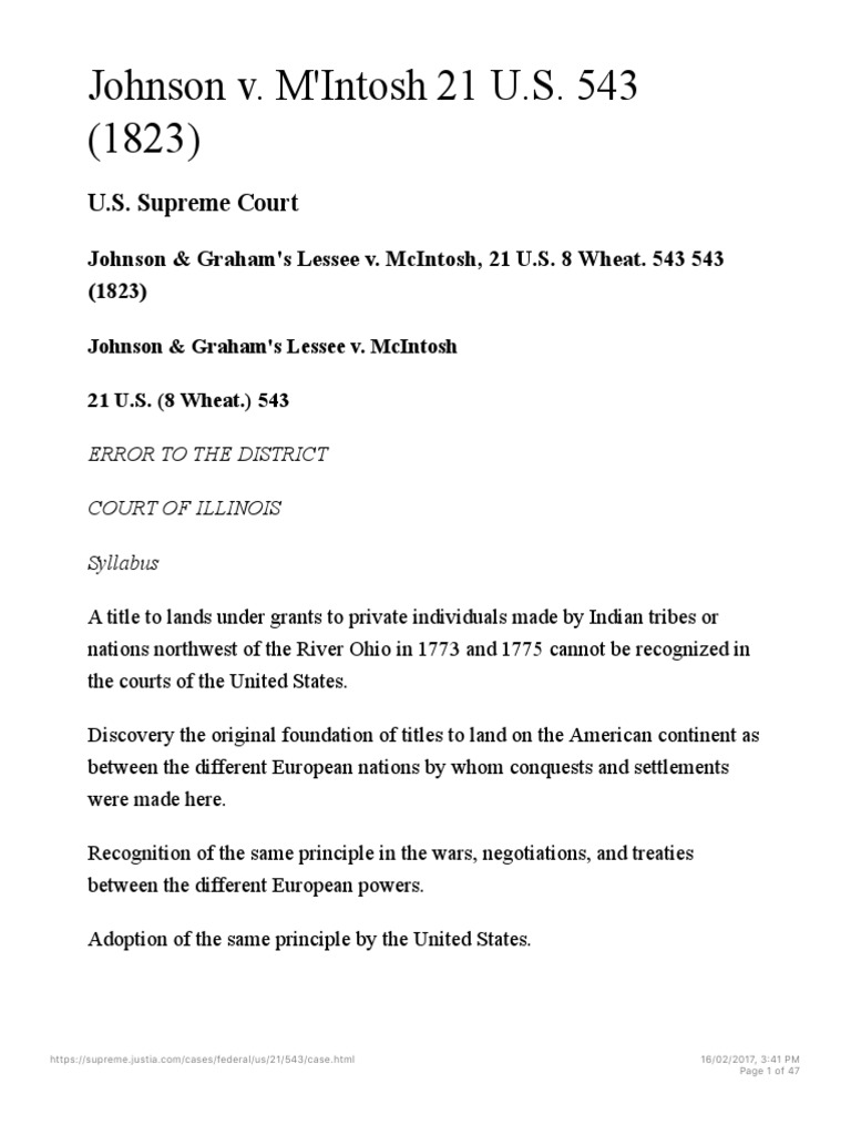 LTD 1370660177 Johnson V M Intosh Full Text 21 U S 543 1823 Justia U S ...