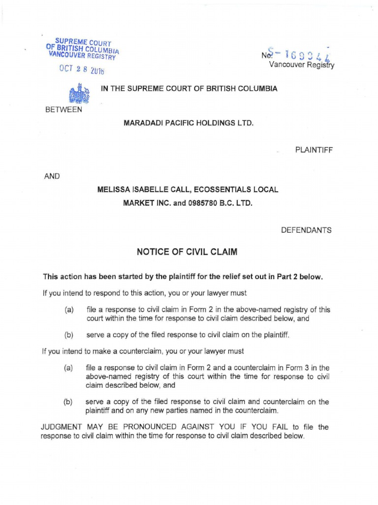 001 Notice of Civil Claim Oct 28 2016 | PDF | Mergers And Acquisitions ...