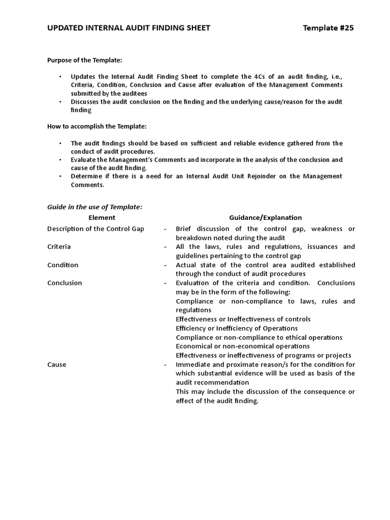 Template 25 - Updated Internal Audit Finding Sheets - Roll-Out | PDF ...