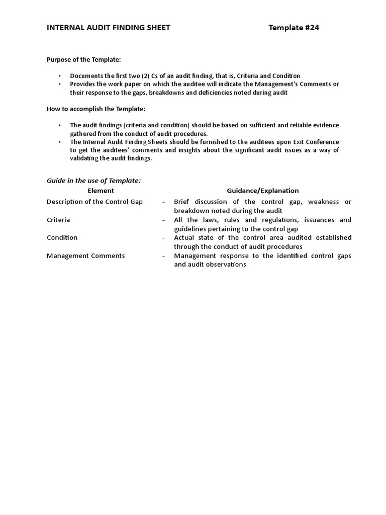Template 24 - Internal Audit Finding Sheets - Roll-Out | PDF
