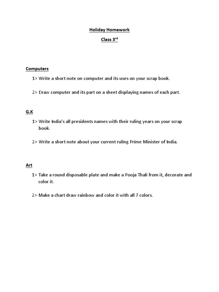 Holiday Homework Class 3 | PDF