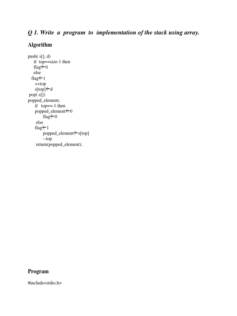 Q 1. Write A Program To Implementation of The Stack Using Array | PDF