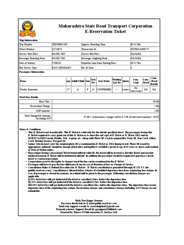 Maharashtra State Road Transport Corporation E-Reservation Ticket | PDF ...