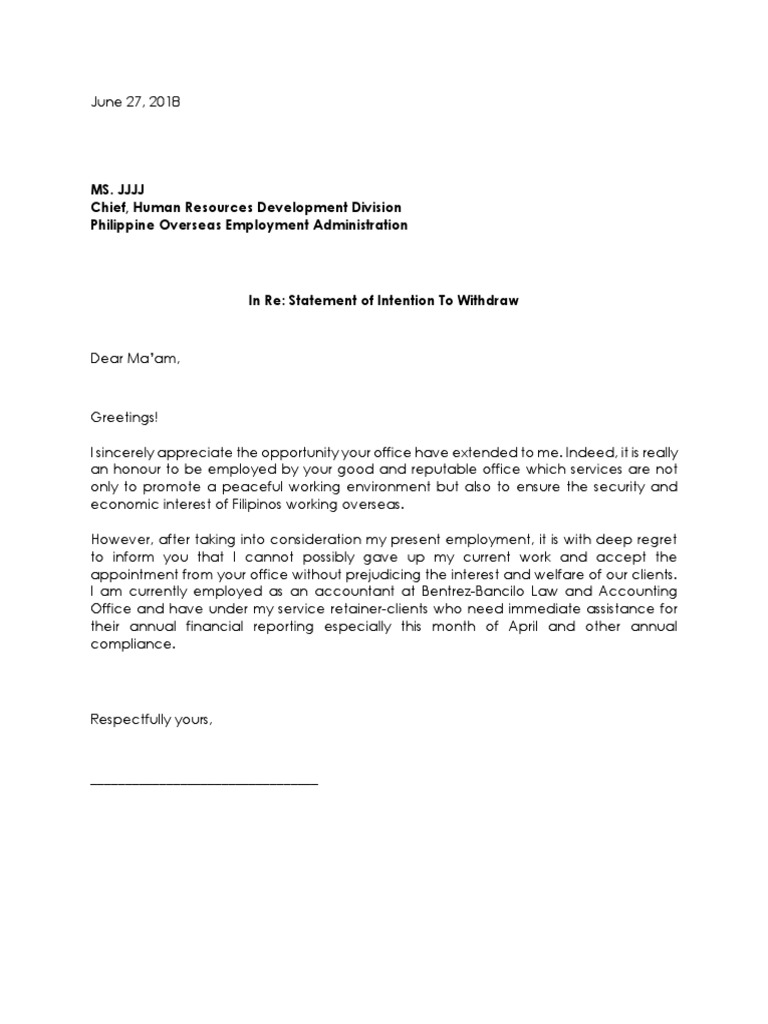 Withdrawal of Job Acceptance Intent | PDF