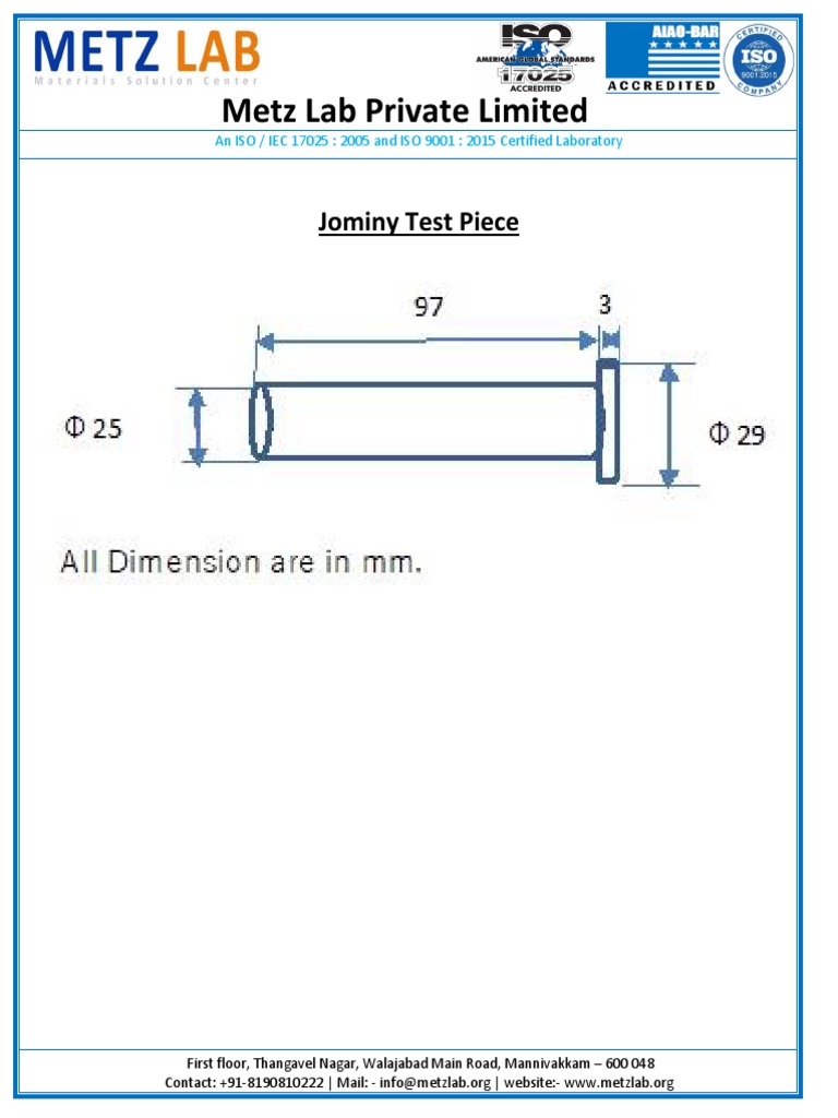 Metz Lab Private Limited: Jominy Test Piece | PDF