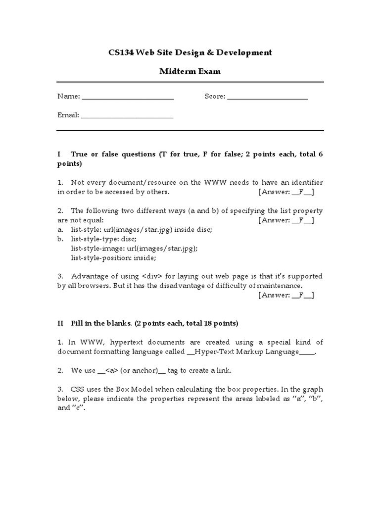 CS134 Web Site Design & Development Midterm Exam | PDF | Web Page ...