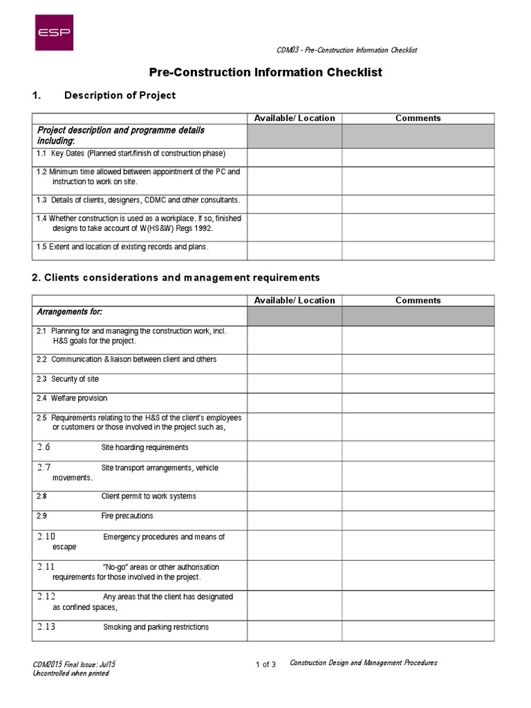 ESP Pre-Construction Information Checklist | Dangerous Goods ...