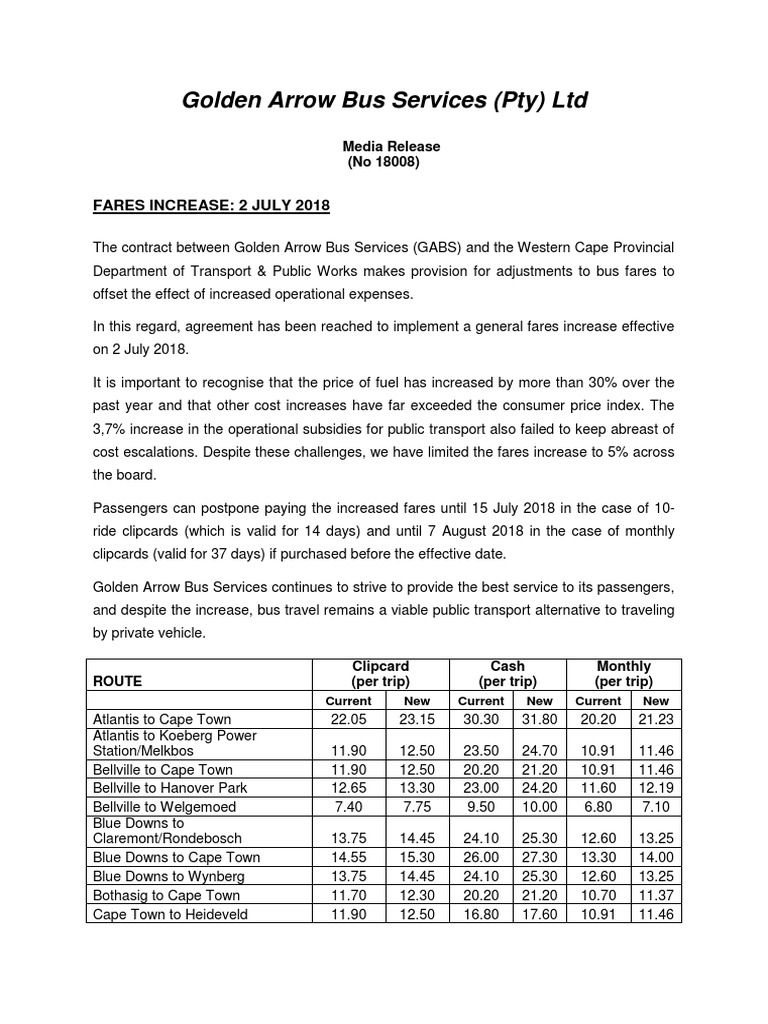 Golden Arrow - Fares Increase 2 July 2018 | PDF | Cape Town | Fare
