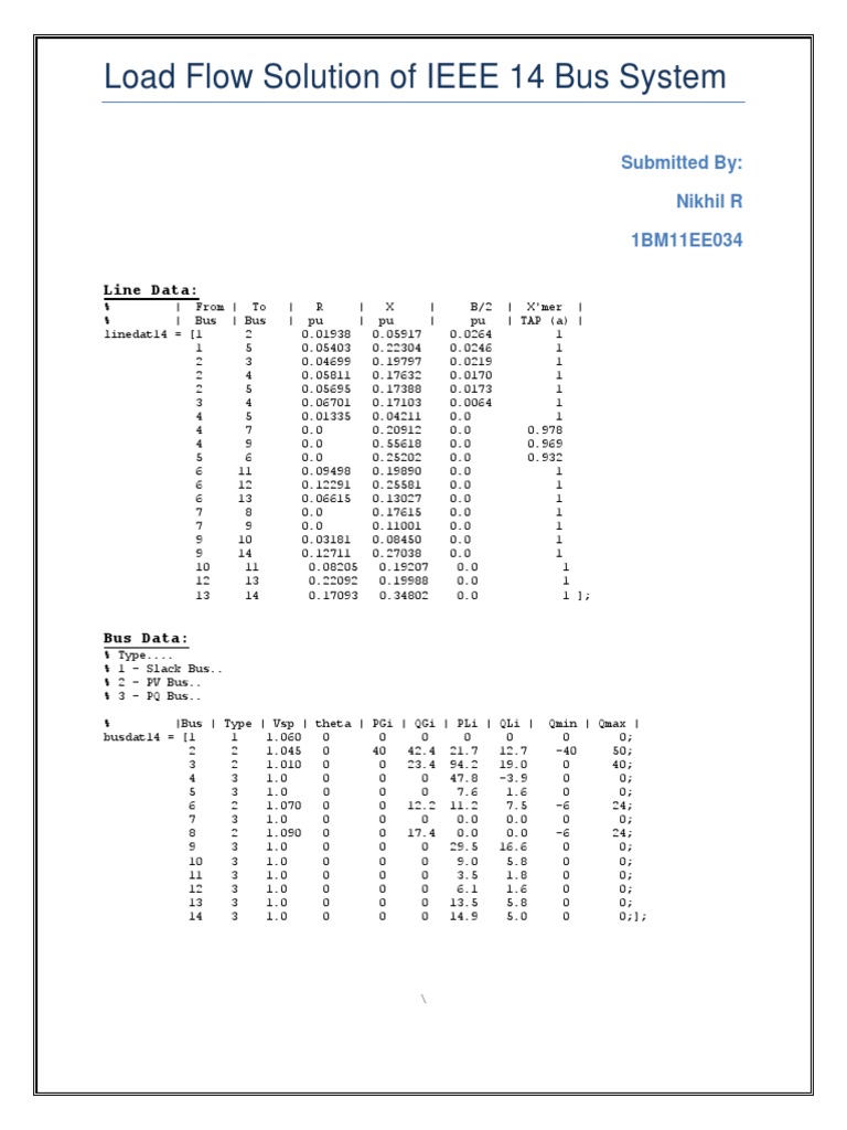 Load Flow Solution of IEEE 14 Bus System: Line Data | PDF | Energy ...