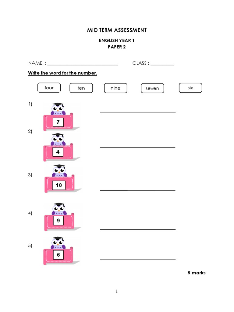 Mid Term Assessment: English Year 1 Paper 2 | PDF