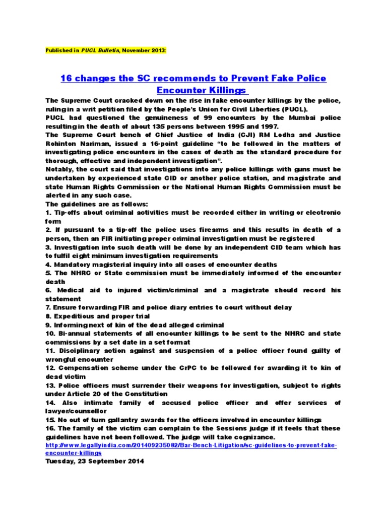 SC Guidelines to Prevent Fake Encounters | PDF | Police | Supreme Court ...