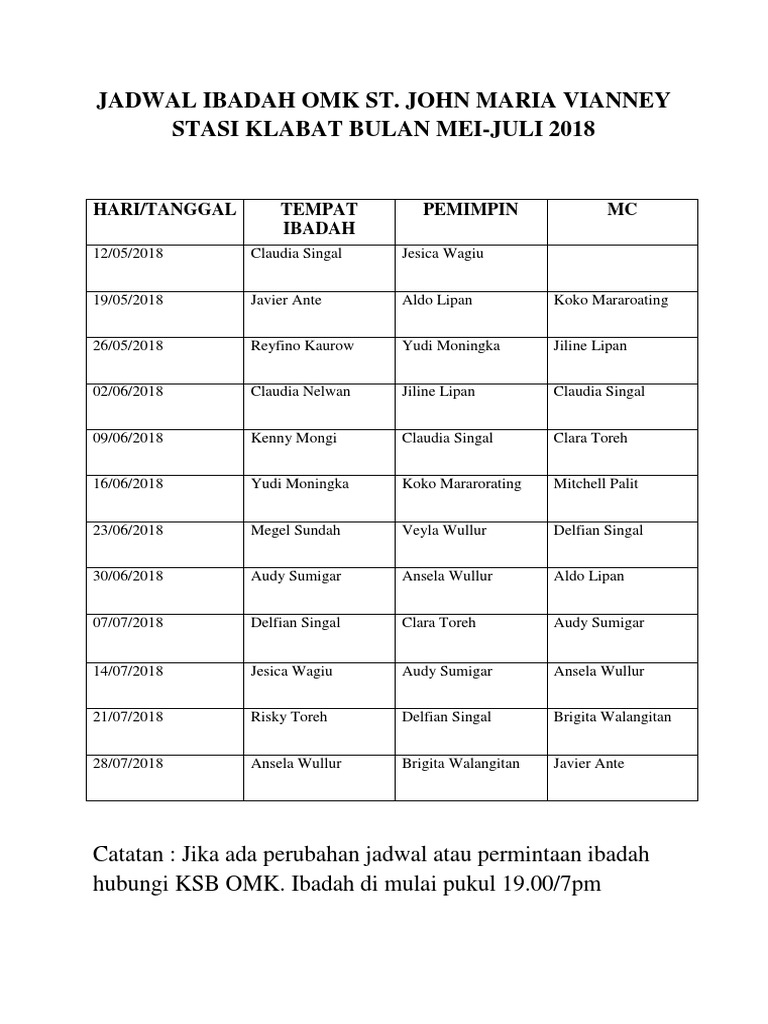 Jadwal Ibadah Omk ST | PDF
