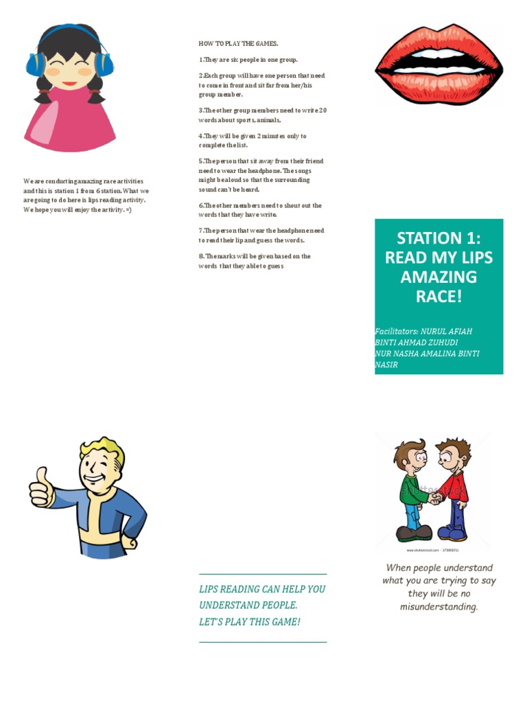 STATION 1: READ MY LIPS - A LIP READING ACTIVITY FOR THE AMAZING RACE | PDF