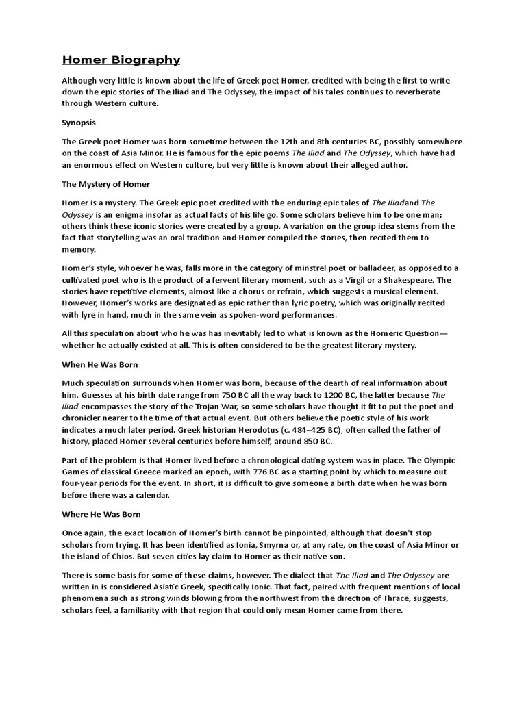Homer Biography | PDF | Homer | Iliad