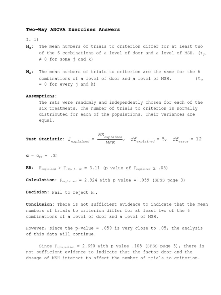 Two-Way ANOVA Exercises Answers: F MS MSE DF DF | PDF | P Value | Errors And Residuals