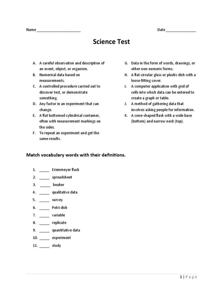 Science Test: Match Vocabulary Words With Their Definitions | PDF ...