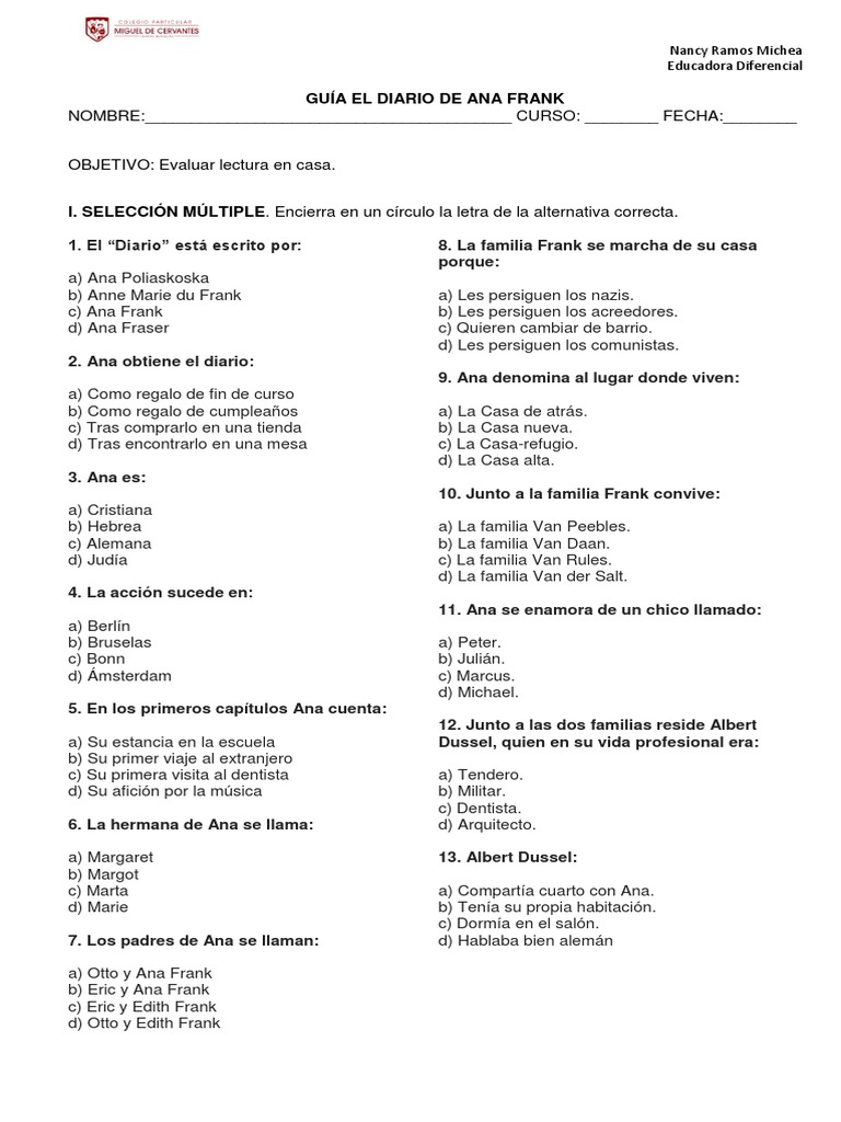 Guía de Evaluación: Diario de Ana Frank | PDF | Anne Frank | Violencia
