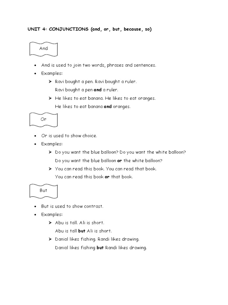 UNIT 4: CONJUNCTIONS (And, Or, But, Because, So) | PDF