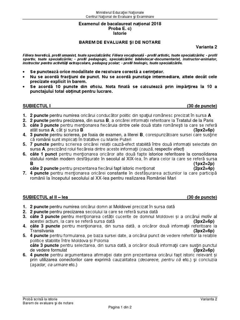 Barem Istorie BAC 2018 | PDF