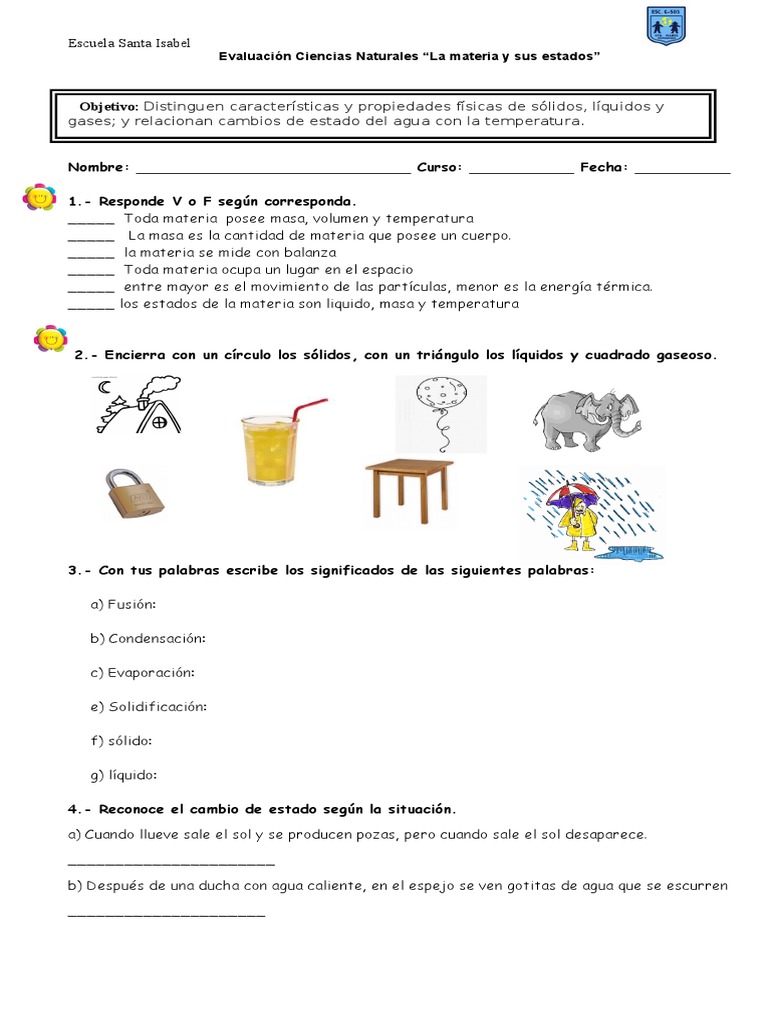 Evaluación sobre Estados de la Materia | PDF | Métodos y materiales de ...