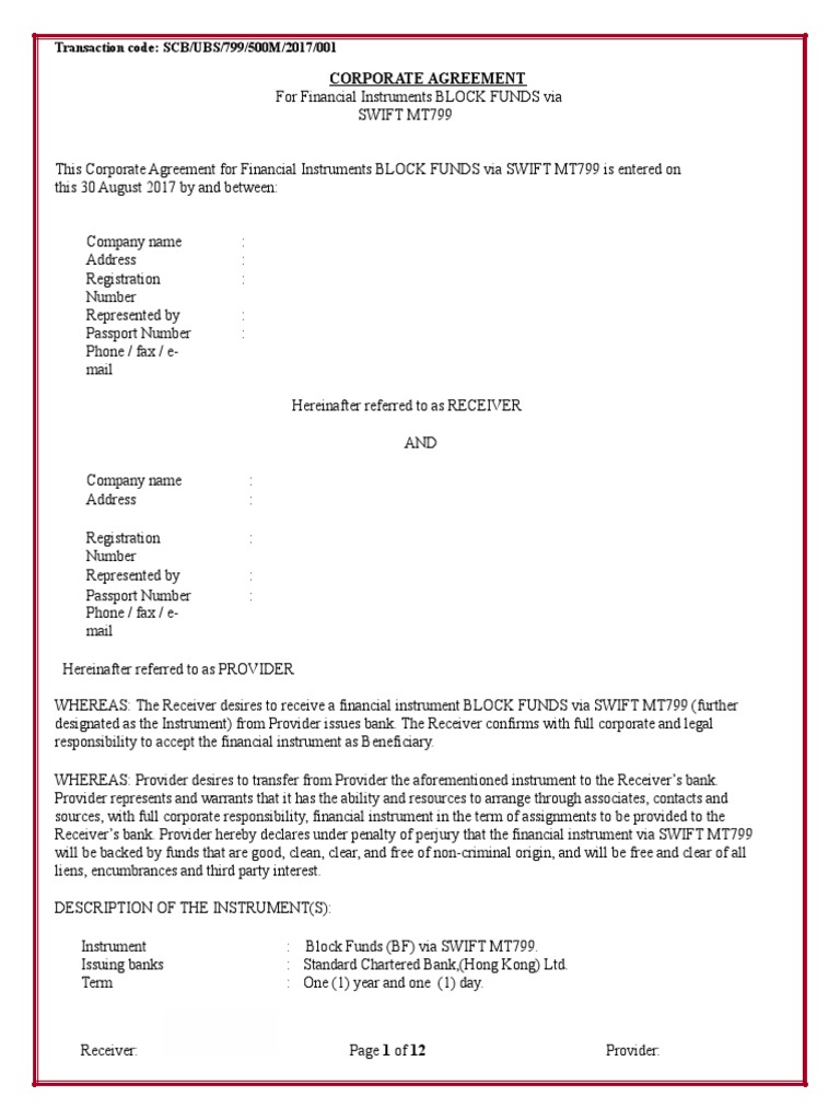 SWIFT MT799 Block Funds Agreement | PDF | Financial Action Task Force ...