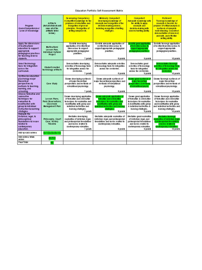 Portfolio Self Assessment Matrix Final | PDF | Pedagogy | Curriculum