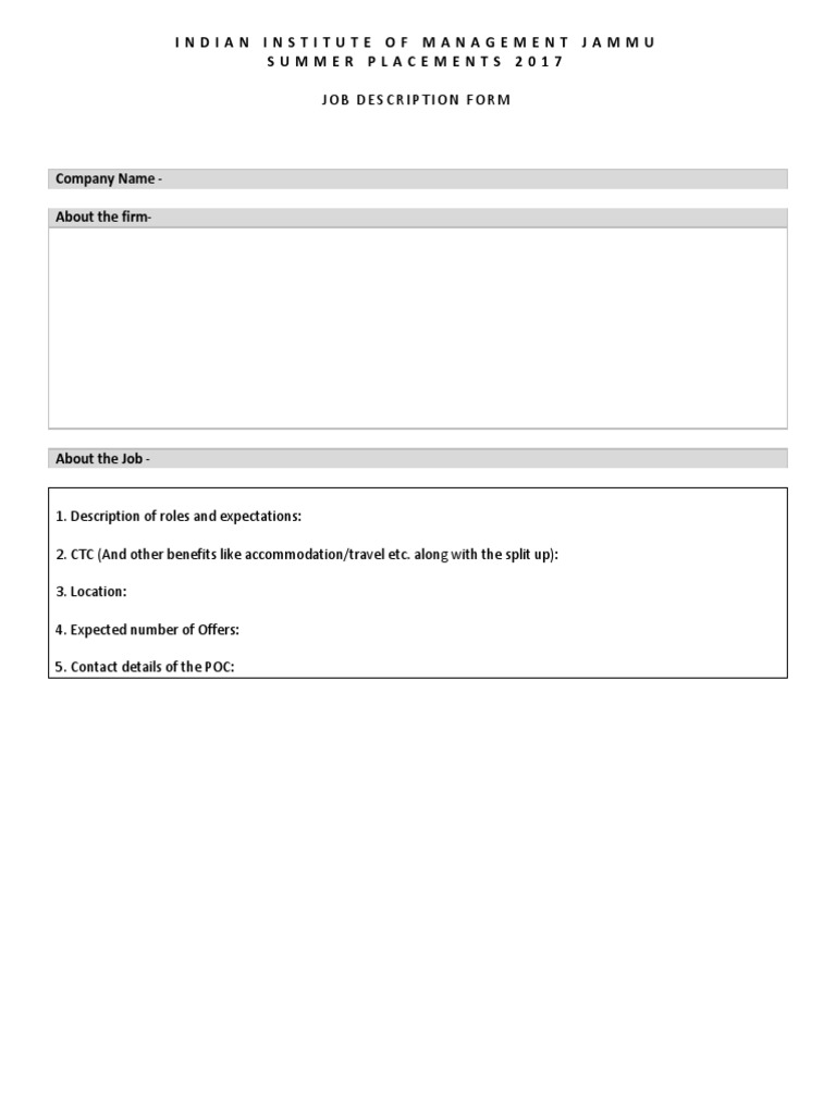 Indian Institute of Management Jammu - JD FORM - Summer | PDF