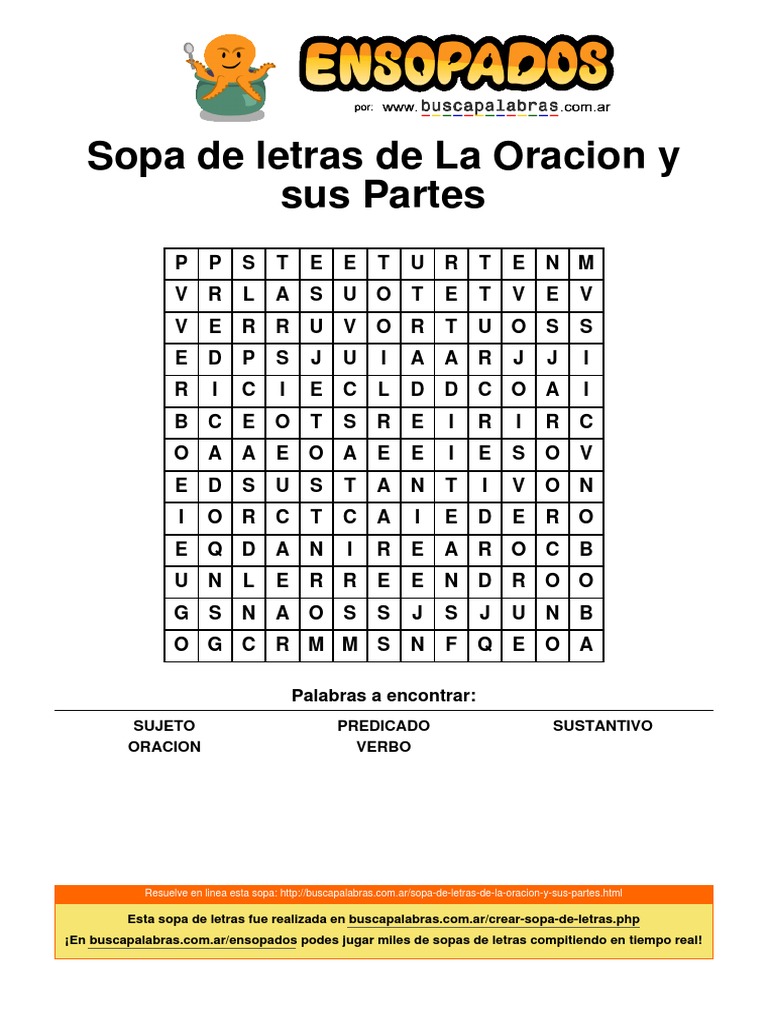Sopa de Letras de La Oracion y Sus Partes
