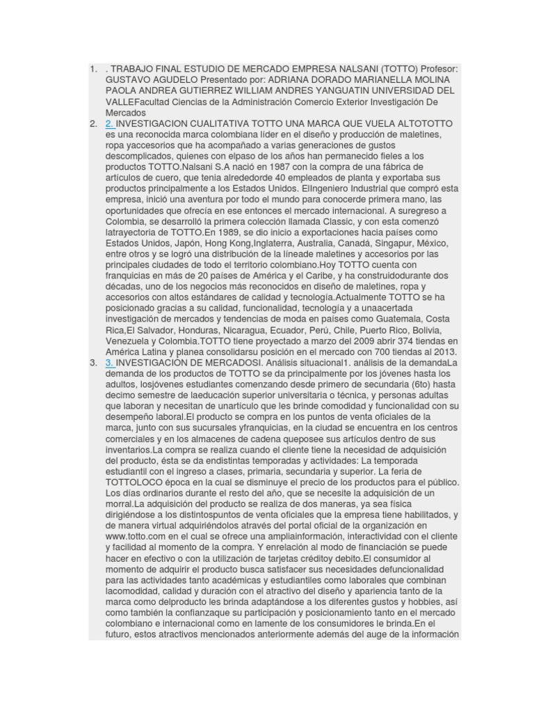 Trabajo Final Estudio de Mercado Empresa Nalsani | PDF | Marca | Colombia
