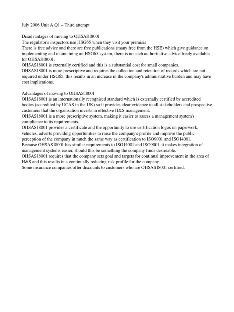 Moving From HSG (65) To OHSAS 18001 | PDF