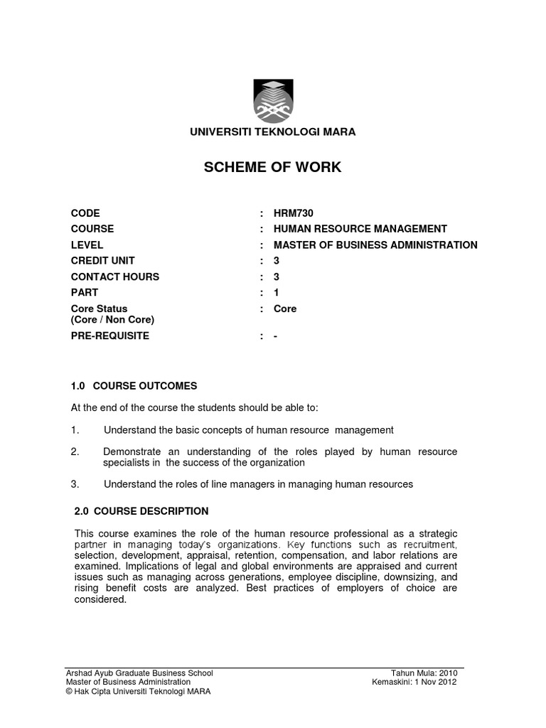 2 - Scheme of Work HRM730 UpdatedApril2013 | PDF | Human Resource ...